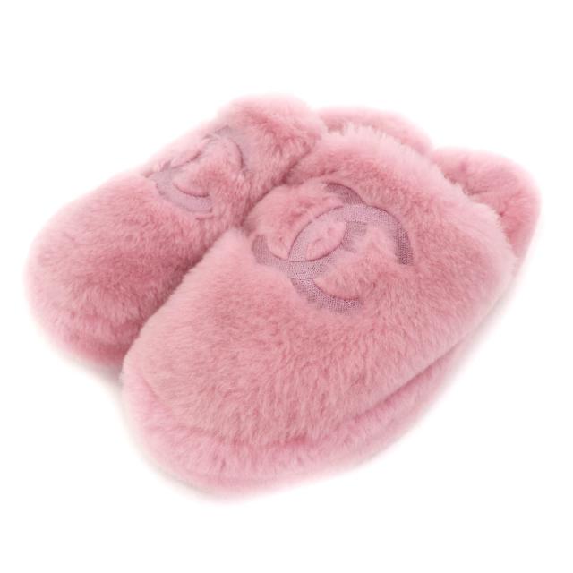 未使用品★CHANEL シャネル G45984 ココマーク刺繍入り シアリングラム ファー ミュール サンダル ピンク 35 保存袋付き イタリア製