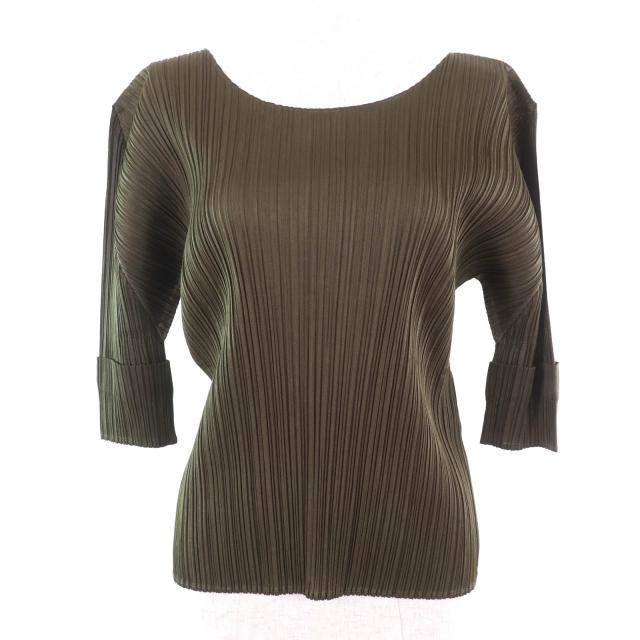 極美品★PLEATS PLEASE プリーツプリーズ イッセイミヤケ PP91-JK205 クルーネック 半袖 カットソー カーキ 3 日本製 正規品 レディース