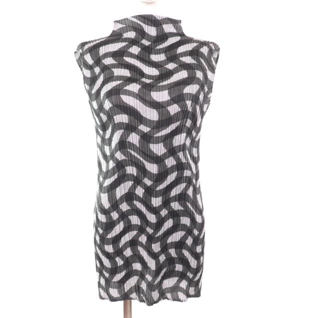 極美品★ISSEY MIYAKE イッセイミヤケ PP73-JK782 総柄 ハイネック ノースリ チュニック ワンピース ブラック グレー 3 日本製 正規品
