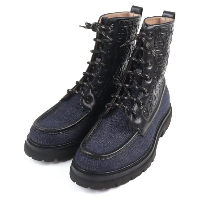 未使用品○Salvatore Ferragamo サルヴァトーレフェラガモ NAVAL2 デニム レザー ガンチーニエンボス レースアップ コンバットブーツ 7
