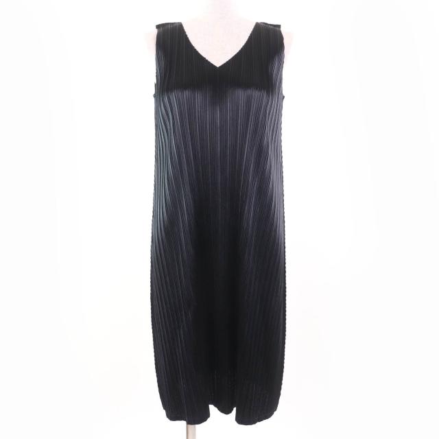 極美品☆PLEATS PLEASE プリーツプリーズ イッセイミヤケ PP33-FH371 Vネック ノースリーブ チュニック ワンピース ブラック 3 正規品