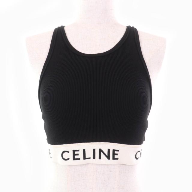 極美品★CELINE セリーヌ 2A68L372N アスリート ブラ / メッシュ ロゴデザイン アスレチックニット ブラック / クリーム S 伊製 正規品