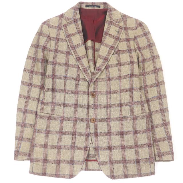 極美品□TAGLIATORE タリアトーレ Brilla シルク リネン チェック柄 シングル アンコンジャケット ベージュ 48 イタリア製 正規品