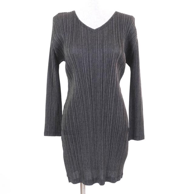 極美品★PLEATS PLEASE プリーツプリーズ イッセイミヤケ PP61-JT446 Vネック 長袖 プリーツ ワンピース ブラック系 3 日本製 正規品