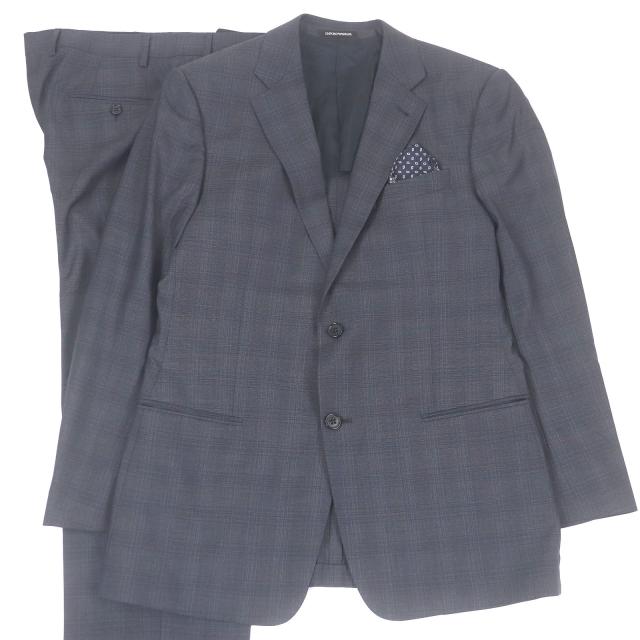 極美品□EMPORIO ARMANI エンポリオ アルマーニ T LINE ウール シルク混 チェック柄 シングルスーツ グレー系 50 イタリア製 正規品