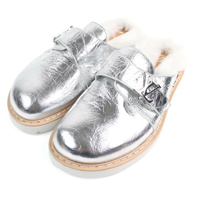 極美品○LOUIS VUITTON ルイヴィトン 1A9INM LVイージー・ライン レザー LVイニシャルベルト モノグラムフラワー メタリック サンダル 7