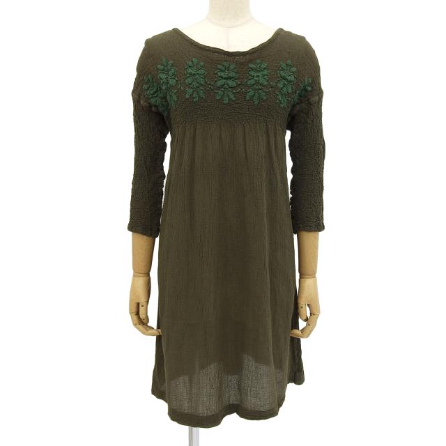 美品▲me ISSEY MIYAKE ミー イッセイミヤケ MI44FT40 カリフラワー フラワー刺繍 7分袖 ワンピース カーキ — 正規品 レディース