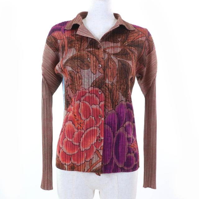 極美品☆PLEATS PLEASE プリーツプリーズ イッセイミヤケ PP84-JK724　 Peony Botanical Flower 牡丹 希少 総柄 長袖シャツ 3 正規品
