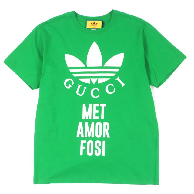 未使用品▼GUCCI adidas グッチ アディダス 717422 プリント クルーネック ショートスリーブ 半袖Ｔシャツ グリーン S 正規品 メンズ