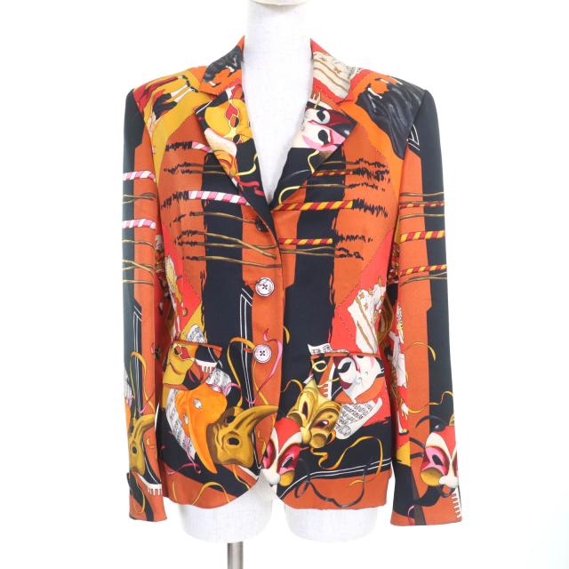 極美品★HERMES エルメス ヴィンテージ LE CARNAVAL DE VENISE ベニスのカーニバル シルク100％ ロゴボタン付 テーラードジャケット 40