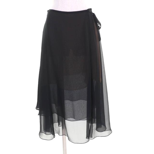 極美品★CHANEL シャネル P70007 シルク100％ ココマーク金具付 サイドリボン 膝丈 シフォンスカート ブラック 38 フランス製 正規品