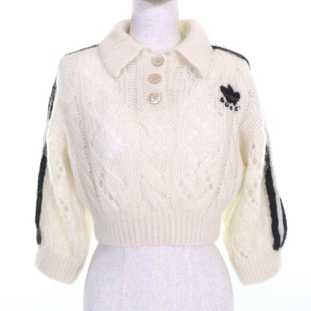 極美品★GUCCI×adidas  グッチ×アディダス 717297 モヘア混 インナー付 トレフォイル スリーライン 鍵編み クロップド丈 ニット S