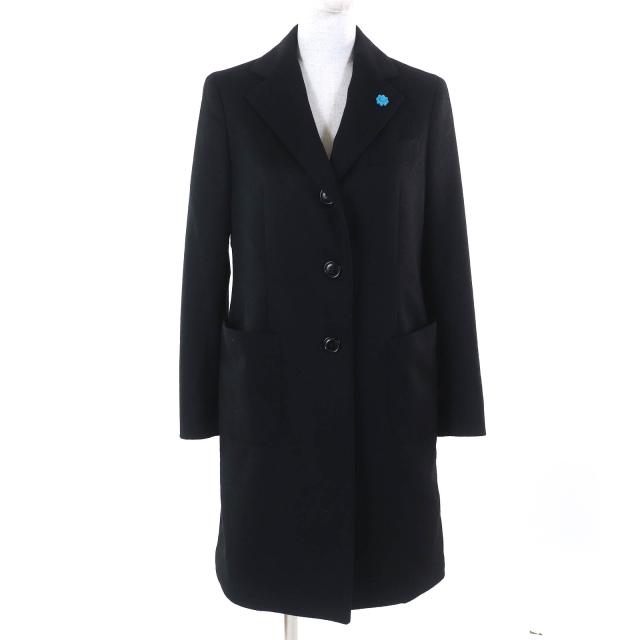 美品△LARDINI ラルディーニ ウール カシミヤ ブートニエール付き シングル ロング コート ブラック 42 イタリア製 正規品レディース