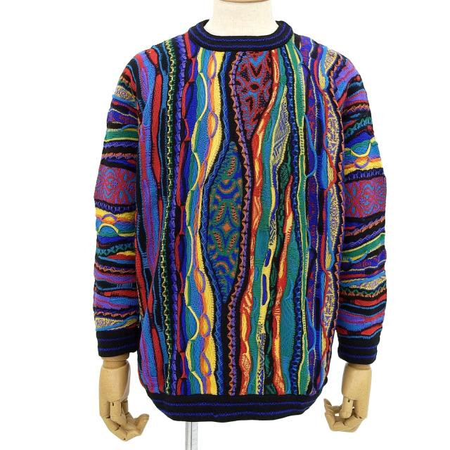 未使用品▲COOGI クージー ウール100% 立体織柄 クルーネック ケーブルニット セーター マルチ M オーストラリア製 メンズ