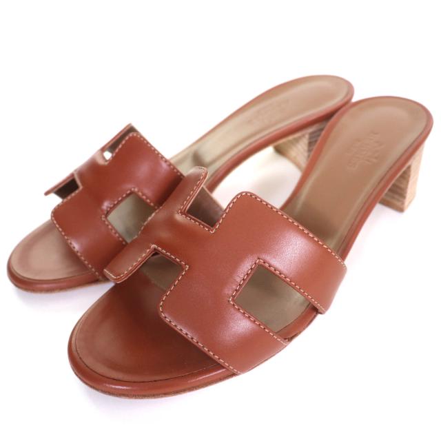 美品△HERMES エルメス 071002Z オアジス Hロゴ レザー サンダル ミュール ブラウン 35 保存袋付き イタリア製 レディース オススメ◎