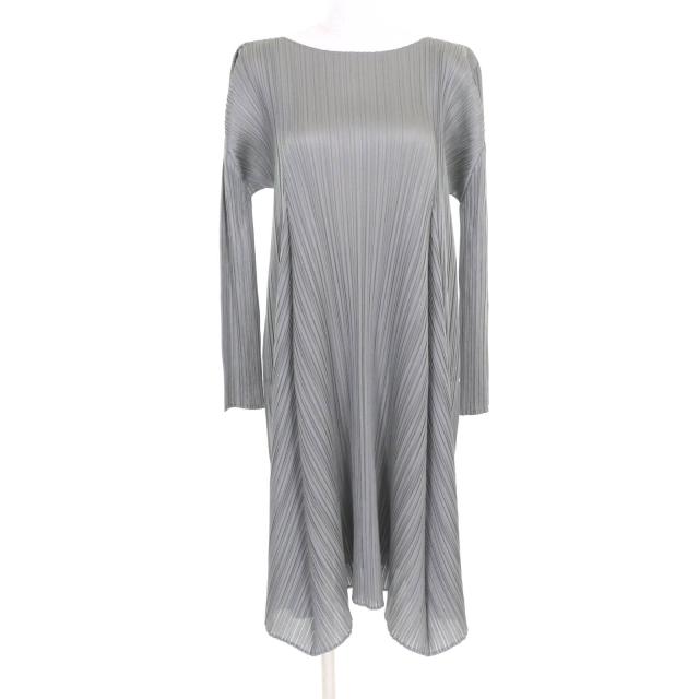 極美品★PLEATS PLEASE プリーツプリーズ イッセイミヤケ PP63-JH603 裾変形 長袖 プリーツ ロングワンピース グレー 3 日本製 正規品