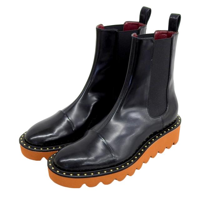未使用品▲Stella McCartney ステラマッカートニー スタッズ エコレザー サイドゴア チェルシー ブーツ ブラック オレンジ 36.5 箱・袋付