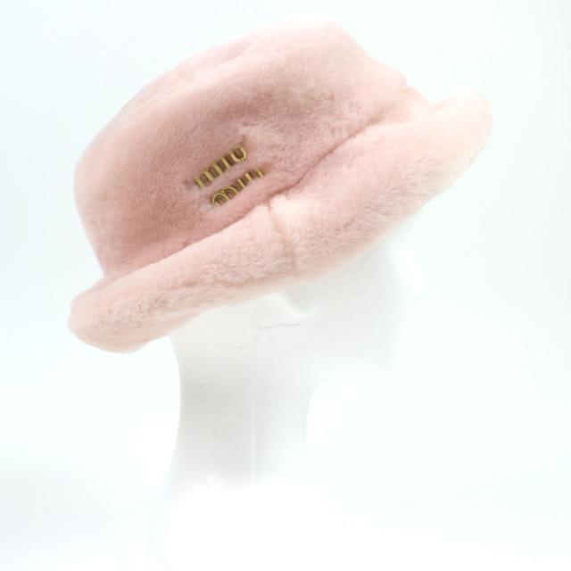 極美品▲MIUMIU ミュウミュウ 2022年製 5HC196 シープファー メタルロゴ ムートン シアリング バケット ハット ピンク S 57cm 保存袋付き