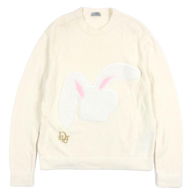 極美品▼DIOR ディオール オム 313M657AT498 ERL クルーネック ラビットパッチ ロゴ刺繍 ニットセーター アイボリー M 正規品 メンズ