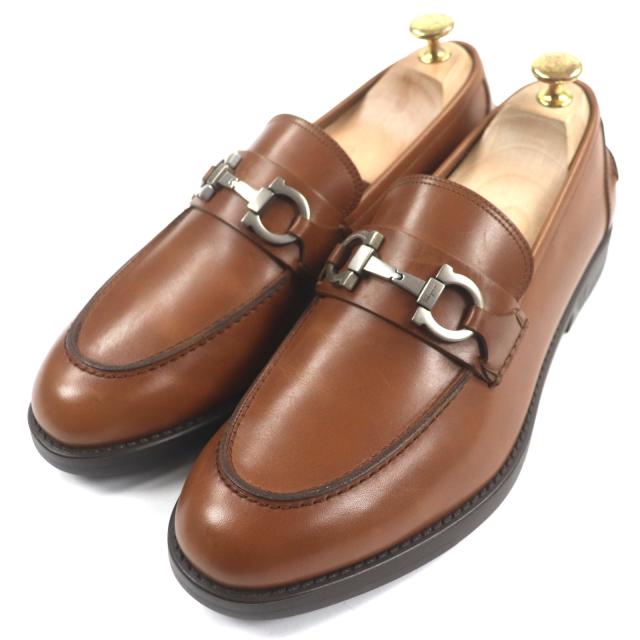 未使用品▼Salvatore Ferragamo サルヴァトーレフェラガモ ガンチーニ金具 Uチップ レザーシューズ ローファー ブラウン 8 伊製 メンズ