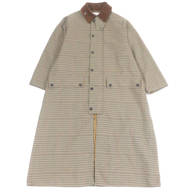 極美品□Barbour バブアー 2002219 グレンチェック 襟コーデュロイ ロゴボタン ステンカラーコート ロングコート ベージュ系 8 正規品