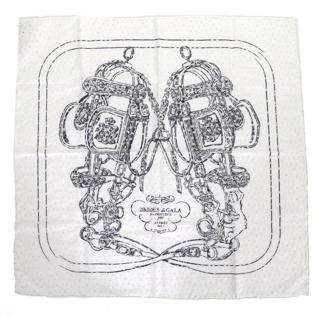 未使用品△HERMES エルメス 983529S BRIDES de GALA 式典用馬勒 シルク100％ BLANC/NOIR カレ70 スカーフ 箱付き フランス製 レディース