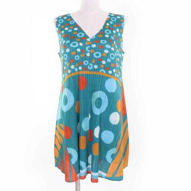 極美品☆PLEATS PLEASE プリーツプリーズ イッセイミヤケ PP21-JT596 ドット・総柄 フレア ノースリーブ ワンピース 3 マルチ 正規品