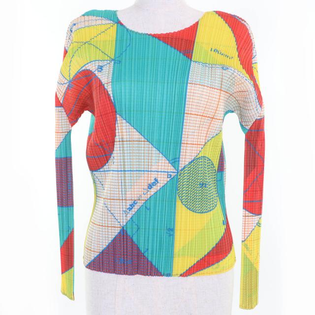 極美品☆PLEATS PLEASE プリーツプリーズ イッセイミヤケ PP81-JK542 幾何学 総柄 長袖 カットソー マルチカラー 3 正規品 レディース