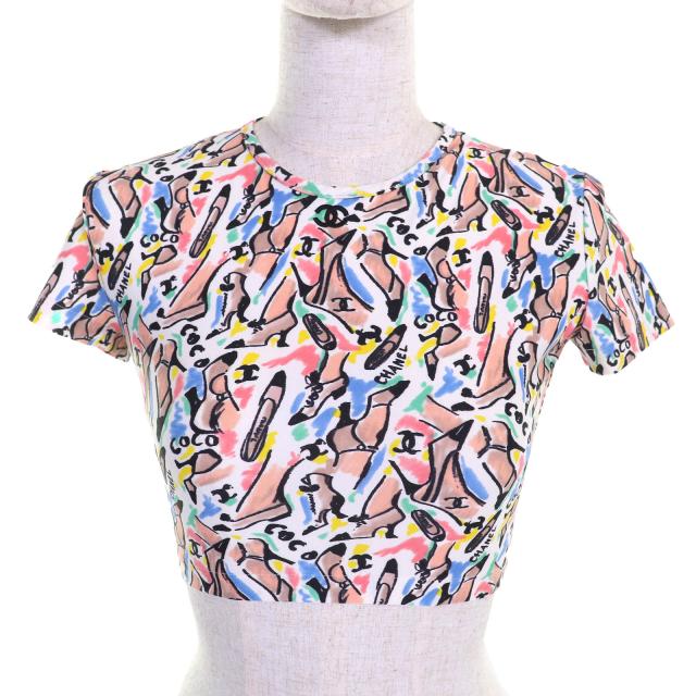 極美品△CHANEL シャネル ヴィンテージ P95 PO5010 ココマーク ロゴ パンプス 総柄 クロップド 半袖 カットソー トップス 38 正規品