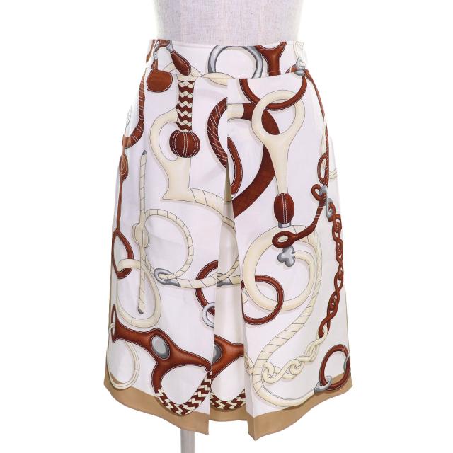 未使用品△HERMES エルメス 2024年製 4E0331DV Panoplie Tout Cuir シルク100％ プリント ショート プリーツスカート 34 正規品 伊製