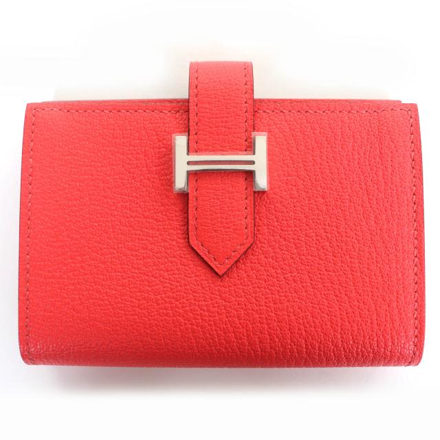 未使用品☆HERMES エルメス ベアン ミニ シェーブル ローズテキサス シルバー金具 ミニウォレット 二つ折り財布 W刻印 仏製 レディース