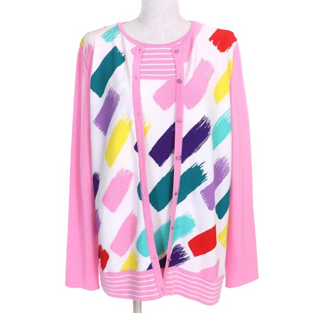 未使用△LEONARD SPORT レオナールスポーツ 総柄 カーディガン 半袖カットソー 総額約9万円 アンサンブル ピンク マルチカラー 42 正規品
