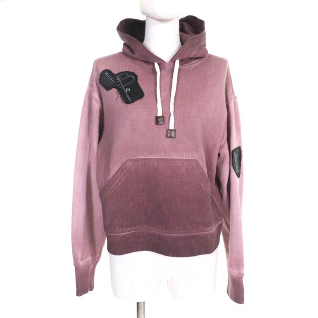 美品★LOUIS VUITTON ルイヴィトン FHKL13 USED加工 モノグラムパーツ LVワッペン付 プルオーバーパーカー ボルドー系 XS