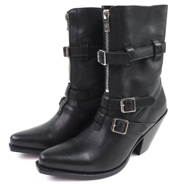 極美品△CELINE セリーヌ 308B77 ベルリン センタージップ ベルト付き レザー ショートブーツ チャンキーヒール ブラック 35 箱・袋付き