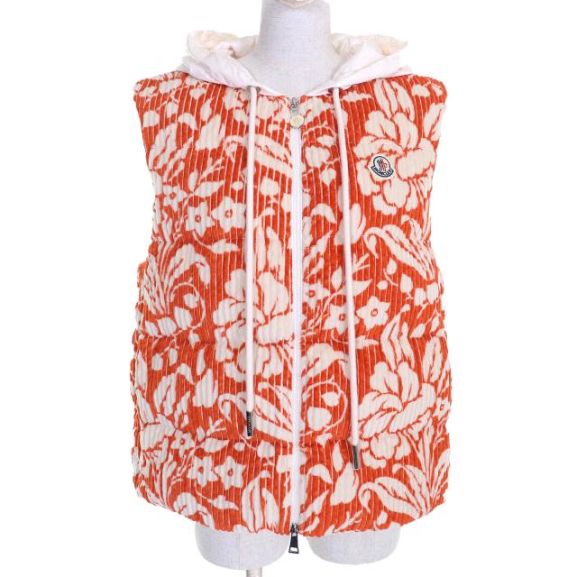 未使用△MONCLER モンクレール 2022年製 MARCHAUD GILET コットン100% 総柄 ロゴワッペン フード付 ダウンベスト 白 オレンジ 0 正規品