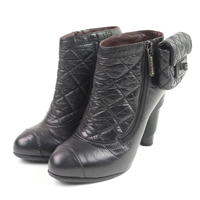 美品★CHANEL シャネル G26164 ポーチ付 ココマーク マトラッセ サイドZIP レザー アンクルブーツ ブラック 36 保存袋付き イタリア製