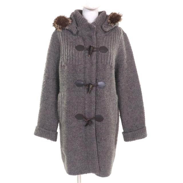 極美品★FOXEY フォクシー 34332 ウール100％ FOXファー・フード・トグルボタン付 ニット ダッフルコート ブラウン Mサイズ相当 正規品