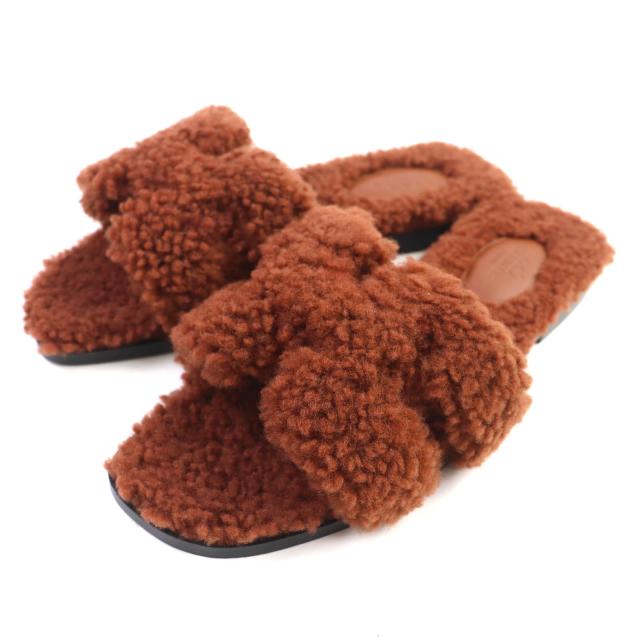 未使用品★HERMES エルメス オラン ムートン ミュール フラット サンダル ブラウン 37 箱・保存袋付き イタリア製 レディース