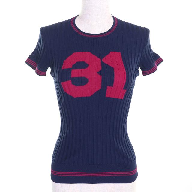 極美品△CHANEL シャネル P61004 シルク85％ ココマーク ナンバリング タイト リブ 半袖ニット トップス ネイビー ピンク 34 伊製 正規品