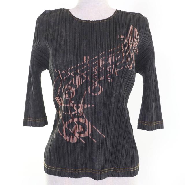 極美品☆PLEATS PLEASE プリーツプリーズ イッセイミヤケ PP81-JK532 音符柄 7分袖 カットソー ダークグレー 3 日本製 正規品 レディース