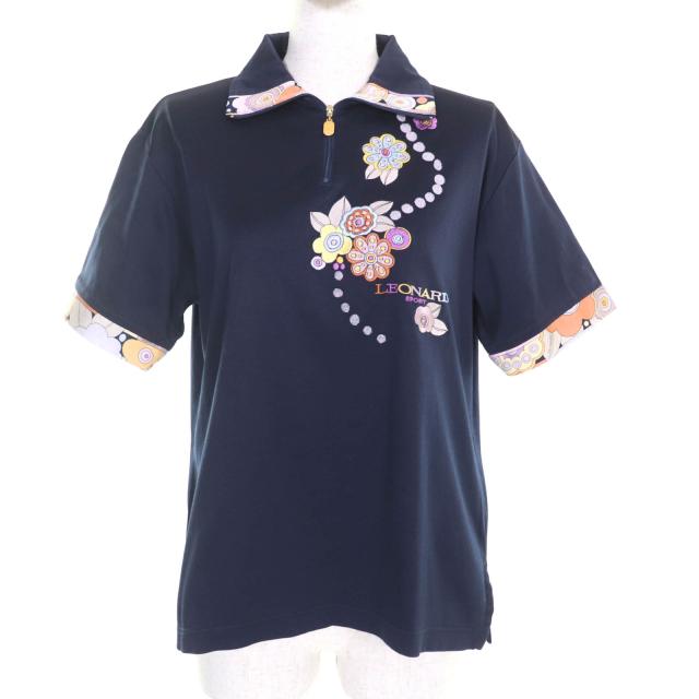 美品★LEONARD SPORT レオナールスポーツ コットン100％ 花柄刺繍入り ロゴZIP 半袖Ｔシャツ ネイビー M 日本製 正規品 レディース
