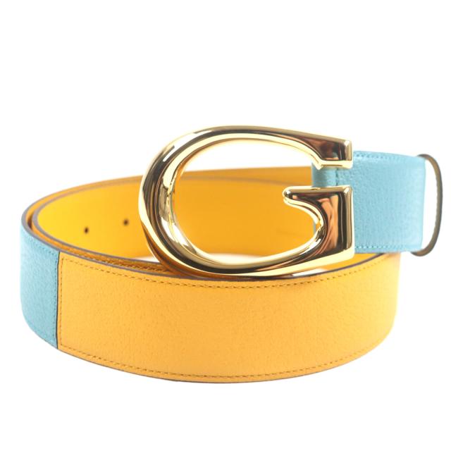 極美品▼GUCCI グッチ Memorable Buckle 709954 Gロゴバックル バイカラー レザーベルト イエロー ブルー ゴールド金具 90・36 メンズ