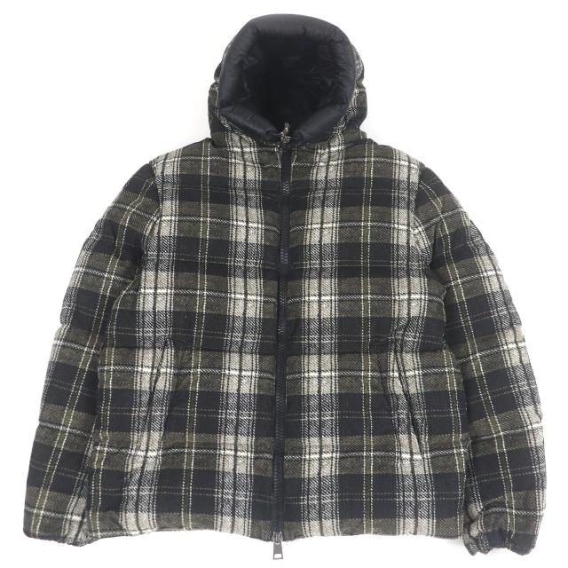 美品□Herno ヘルノ 2022年製 PI000943U チェック柄 フーデッド ダブルジップ ダウンジャケット ブラック ブラウン 52 伊製 メンズ