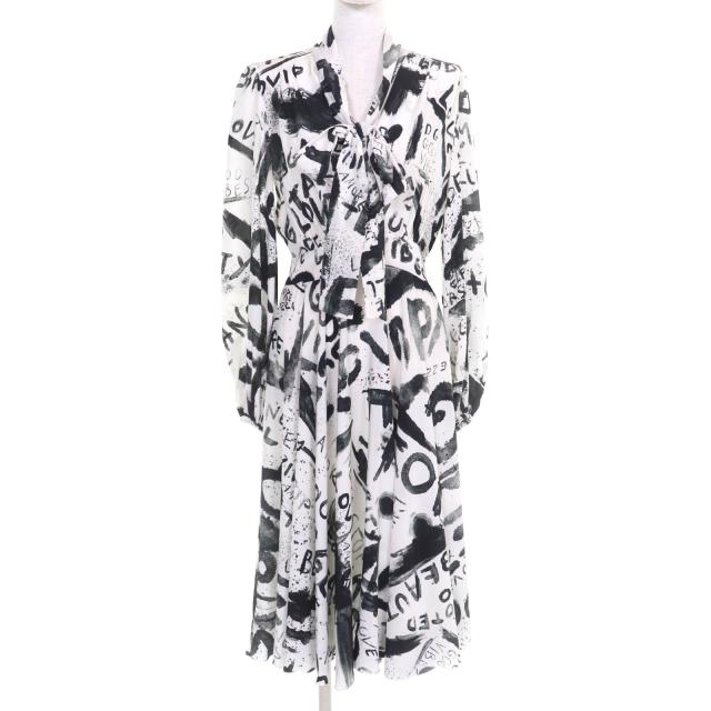 極美品★ドルチェ＆ガッバーナ F6R3AT IS1JA-H シルク100％ White Graffiti Long Sleeves A-line Dress リボンタイ付 ワンピース 42