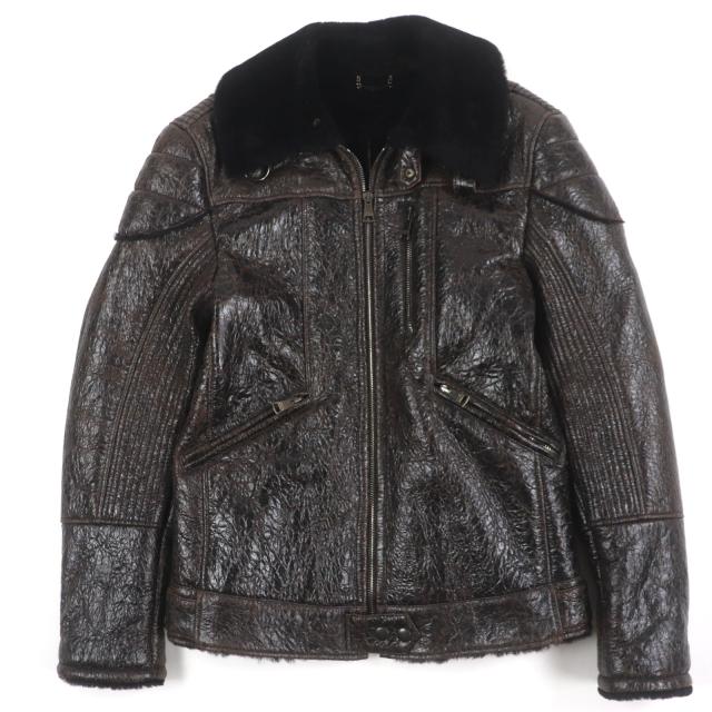 極美品▼DOLCE&GABBANA ドルチェ＆ガッバーナ FUPF9 ラムスキン ムートン 黒タグ ZIPUP フライト ジャケット ダークブラウン 48 メンズ