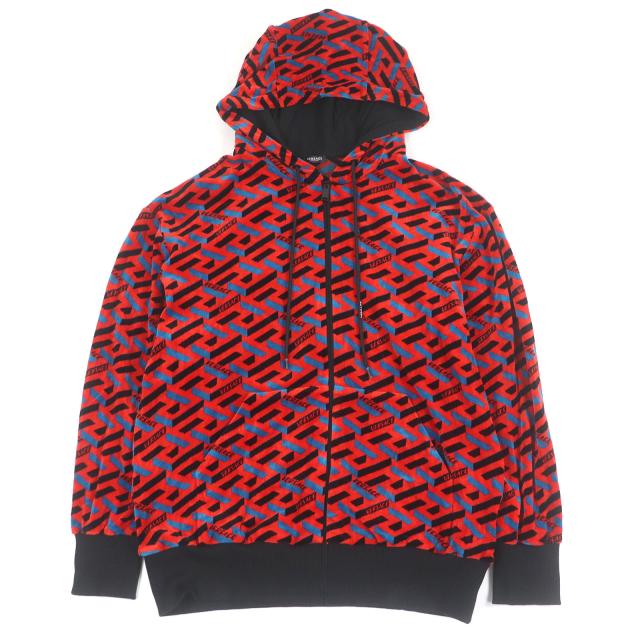 【ドンドン見直し】美品□VERSACE ヴェルサーチ ロゴ総柄 ジップアップ ベロアパーカー フーディー レッド 40 イタリア製 正規品