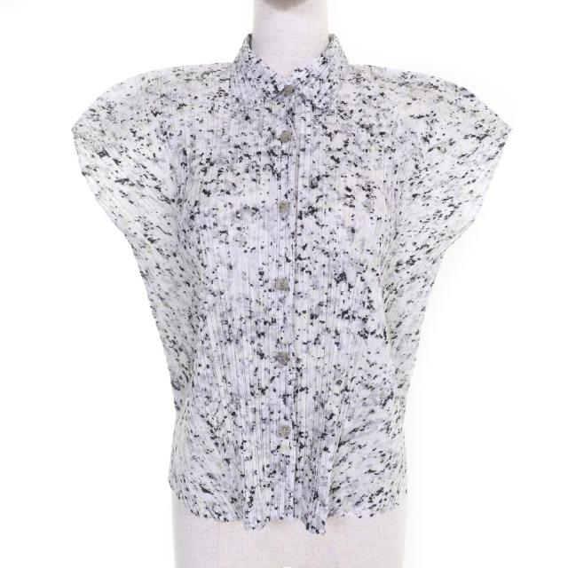 極美品★PLEATS PLEASE プリーツプリーズ イッセイミヤケ PP71-JJ203 総柄 プリーツ フレンチスリーブ シャツ ブラウス 白 黒 3 正規品