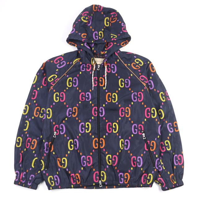 美品○GUCCI グッチ 697621 ジャンボGG レザーパーツ フーデッド ダブルジップ ナイロンジャケット マルチカラー 48 伊製 正規品 メンズ