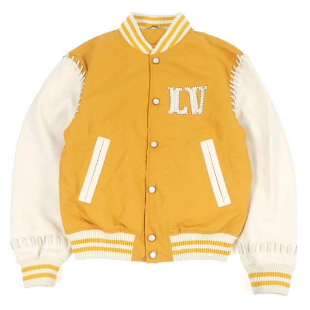 美品□LOUIS VUITTON ルイヴィトン 2024年製 袖レザー バックロゴ 中綿入り バーシティジャケット マスタード 52 イタリア製 正規品