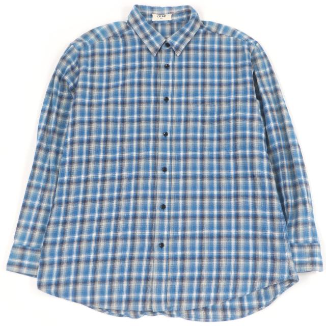 美品□CELINE セリーヌ 21SS 2C486354M Loose Shirt In Checked Cotton コットン100％ チェック柄 長袖シャツ ブルー 38 日本製 正規品